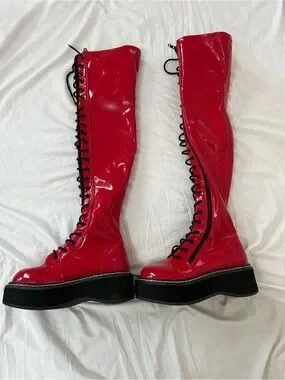 Demonia | Shoes | Demonia Red Patent Overtheknee Laceup Platform Boots ...